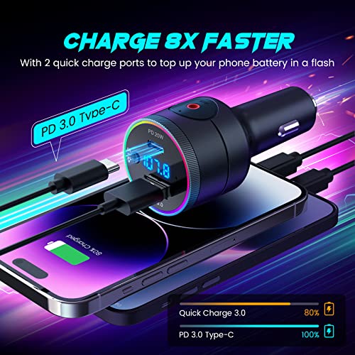 Achifine Bluetooth Car Adapter - FM Bluetooth Transmitter Car/ Music Player /Car Kit for PD 20W & QC3.0 Quick Charge, Hands-Free Calls, Hi-Fi Music, Siri Google Assistant, RGB Backlit, Aux Out