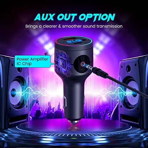 Achifine Bluetooth Car Adapter - FM Bluetooth Transmitter Car/ Music Player /Car Kit for PD 20W & QC3.0 Quick Charge, Hands-Free Calls, Hi-Fi Music, Siri Google Assistant, RGB Backlit, Aux Out