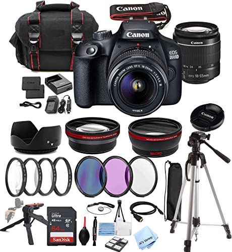 2000d (Rebel T7) DSLR Camera w/EF-S 18-55mm Zoom Lens + Al’s Variety Accessories Includes: 64GB Memory + Wide & Telephoto Threaded Lenses + Case + Tripod + Grip Pod + More (37pc Bundle)