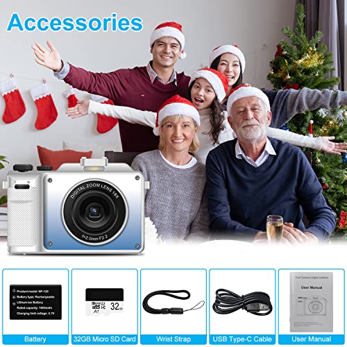 Digital Camera Dual Cameras with WiFi Autofocus Function Digital Cameras for Photography YouTube Streaming Grid Design, 32G TF Card Flas Light