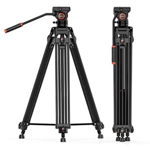 geekoto video tripod system, 72 inches heavy duty tripod, professional aluminum twin tube tripod, k3 fluid head, mid-level spreader, max loading 33 lb, 360 degree fluid head for dslr camcorder camera