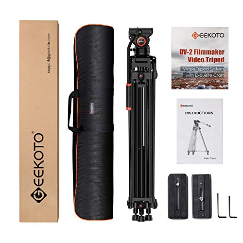 GEEKOTO Video Tripod System, 72 inches Heavy Duty Tripod, Professional Aluminum Twin Tube Tripod, K3 Fluid Head, Mid-Level Spreader, Max Loading 33 LB, 360 Degree Fluid Head for DSLR Camcorder Camera