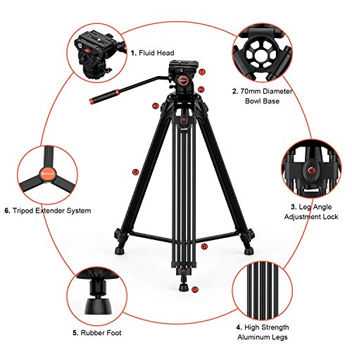 GEEKOTO Video Tripod System, 72 inches Heavy Duty Tripod, Professional Aluminum Twin Tube Tripod, K3 Fluid Head, Mid-Level Spreader, Max Loading 33 LB, 360 Degree Fluid Head for DSLR Camcorder Camera