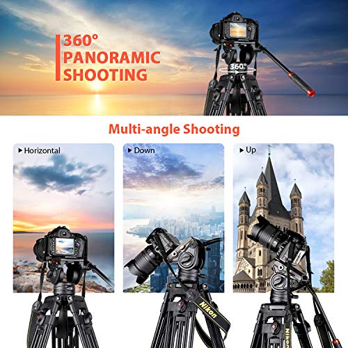 GEEKOTO Video Tripod System, 72 inches Heavy Duty Tripod, Professional Aluminum Twin Tube Tripod, K3 Fluid Head, Mid-Level Spreader, Max Loading 33 LB, 360 Degree Fluid Head for DSLR Camcorder Camera