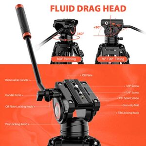 GEEKOTO Video Tripod System, 72 inches Heavy Duty Tripod, Professional Aluminum Twin Tube Tripod, K3 Fluid Head, Mid-Level Spreader, Max Loading 33 LB, 360 Degree Fluid Head for DSLR Camcorder Camera