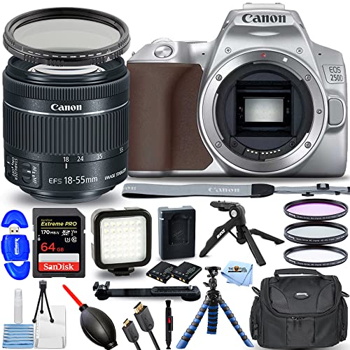 Canon EOS 250D with EF-S 18-55mm f/4-5.6 is STM Lens (Silver) - 15PC Accessory Bundle Includes: Sandisk Extreme Pro 64GB SD, LED Light, 3PC Filter, VND Filter, Tripod, Gadget Bag and More