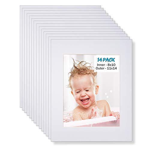 Egofine 11x14 White Picture Mats Pack of 14, Frame Mattes for 8x10 Pictures, Acid Free, 1.2mm Thickness, with Core Bevel Cut