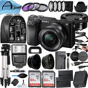 sony alpha a6100 mirroless digital camera with e pz 16-50mm oss lens + a-cell accessory bundle includes: 2 pack sandisk 64gb memory card + backpack + slave flash + much more