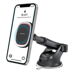 apps2car suction cup magnetic phone mount for car, universal dashboard windshield magnet phone holder compatible with all smartphones, built-in 6 n52 magnets