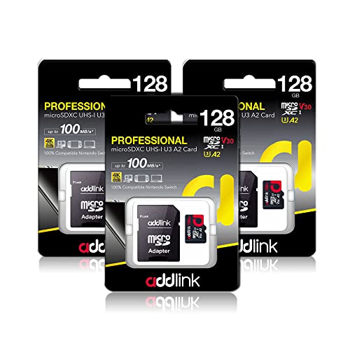 addlink MicroSDXC 128GB 3-Pack + Adapter UHS-1 U4 V30, Compatible for Android Smartphones, Camera, Dash Cam Tablets, Go Pro, DJI Drone & Fire Tablet (ad128GBMSXU3AX3)