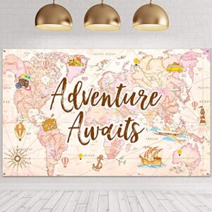 travel themed party decorations supplies adventure awaits bon voyage backdrop adventure map backdrop for graduation birthday party baby shower photo booth pink, 70.8 x 43.3 inch