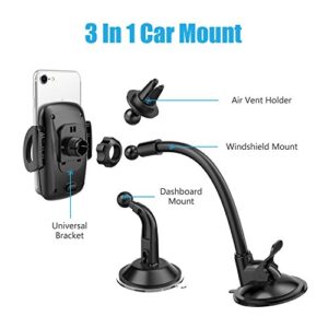 WixGear 3-in-1 Universal Car Phone Mount, Phone Holder for Car, Cell Phone Car Mount Air Vent Holder with Dashboard Mount and Windshield Mount for Cell Phones