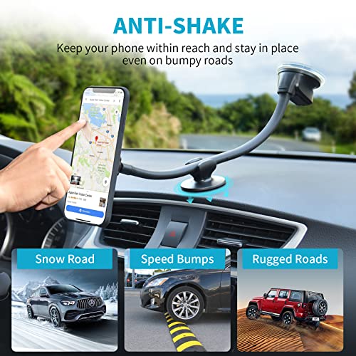 APPS2Car Magnetic Car Phone Mount with 13-inch Flexible Long Arm & 6 Strong Magnets, Anti-Shake Cell Phone Holder for Truck Car Windshield Dashboard, Strong Suction Car Mount for iPhone Smartphones