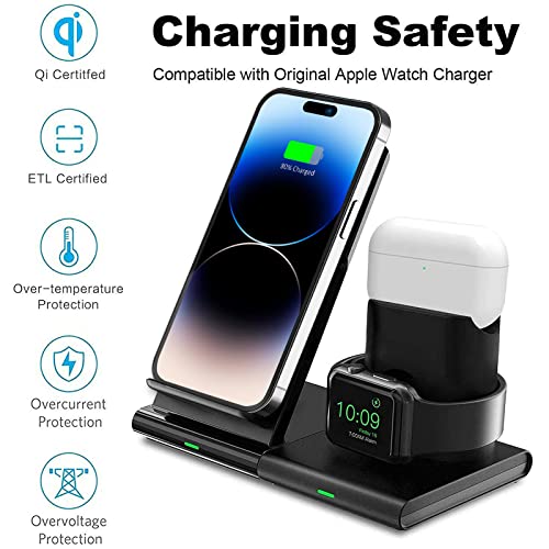 Hoidokly Wireless Charger 3 in 1 Charging Station Dock for Airpods Pro/3/2, AppIe Watch 8/7/6/5/4/3, Fast Wireless Charging Stand for iPhone 14 Pro Max/14/13/12/11/XR/XS/X/8/8 Plus(NO QC 3.0 Adapter)