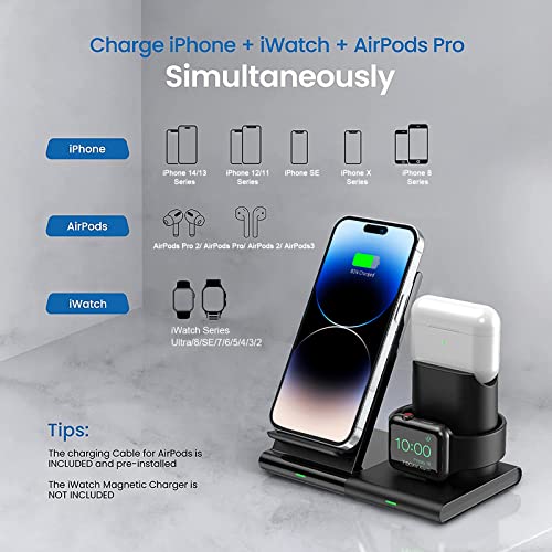 Hoidokly Wireless Charger 3 in 1 Charging Station Dock for Airpods Pro/3/2, AppIe Watch 8/7/6/5/4/3, Fast Wireless Charging Stand for iPhone 14 Pro Max/14/13/12/11/XR/XS/X/8/8 Plus(NO QC 3.0 Adapter)