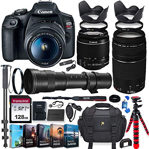 Canon EOS Rebel T7 DSLR Camera with 18-55mm is II Lens + Canon EF 75-300mm III and 420-800mm Preset Zoom Lens + 128GB Memory + Filters + Editing Software + Spider Flex Tripod + Professional Bundle