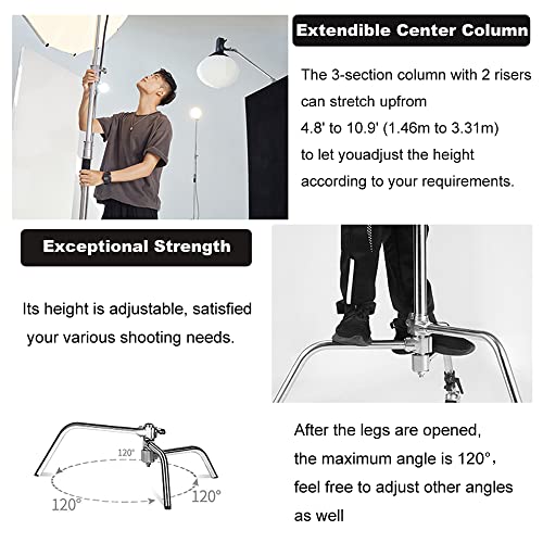 10.8ft/330cm Heavy Duty C Stand All-Metal Adjustable Century Stand with 4.2ft/128cm Holding Boom Arm,Wheels,for Photography Studio Video Reflector, Umbrella, Softbox and Monolight