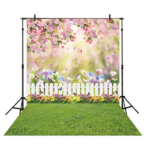 Allenjoy 6x8ft Spring Easter Garden Photography Fabric Backdrop Green Grass Lawn Pink Floral Butterfly Fence Background Baby Girl Kids Children Portrait Party Decorations Photo Booth Studio Props