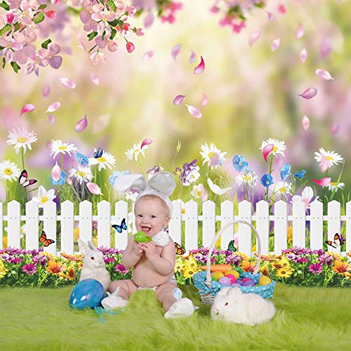 Allenjoy 6x8ft Spring Easter Garden Photography Fabric Backdrop Green Grass Lawn Pink Floral Butterfly Fence Background Baby Girl Kids Children Portrait Party Decorations Photo Booth Studio Props