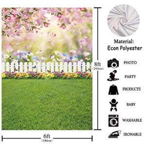 Allenjoy 6x8ft Spring Easter Garden Photography Fabric Backdrop Green Grass Lawn Pink Floral Butterfly Fence Background Baby Girl Kids Children Portrait Party Decorations Photo Booth Studio Props