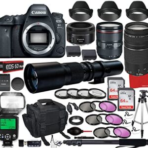 Canon EOS 6D Mark II DSLR Camera with EF 24-105mm f/4L is II USM Lens Bundle + EF 50mm f1.8 STM & EF 75-300mm Lenses + 500mm Preset Lens + 128GB Memory and Accessory Bundle (50 Pieces)