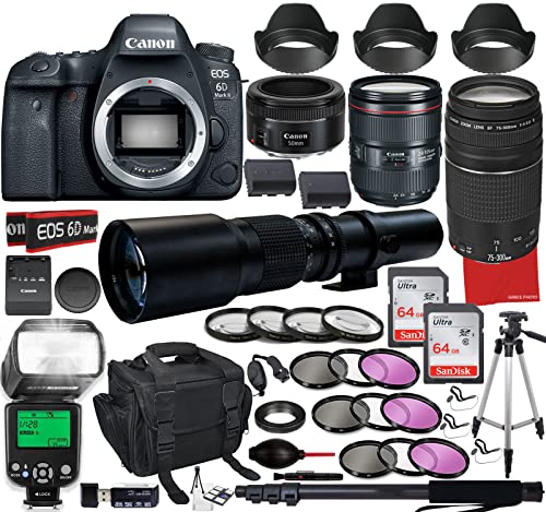 Canon EOS 6D Mark II DSLR Camera with EF 24-105mm f/4L is II USM Lens Bundle + EF 50mm f1.8 STM & EF 75-300mm Lenses + 500mm Preset Lens + 128GB Memory and Accessory Bundle (50 Pieces)