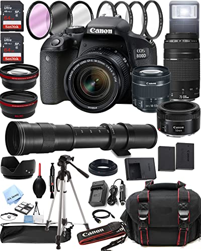 EOS 800D (Rebel T7i) DSLR Camera w/EF-S 18-55mm F/4-5.6 is STM Lens + 75-300mm F/4-5.6 III Lens + 50mm f/1.8 STM Lens + 420-800mm Super Telephoto Lens + 128GB Memory (42pc Extreme Bundle)