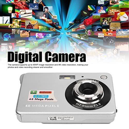 4K 48MP Vlogging Camera, Anti Shake Digital Camera with 2.7in LCD Display, 8X Zoom Photography Camera for Kids, with Fill Light, Up to Memory Card 128G (Silver)