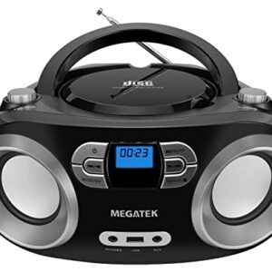 MEGATEK Portable CD Player Bluetooth Boombox with FM Radio, USB, Aux and Headphone Jack, CD-R/RW and MP3 CDs Compatible, Stereo System for Home with Dual Speakers, AC/Battery Operated - Black