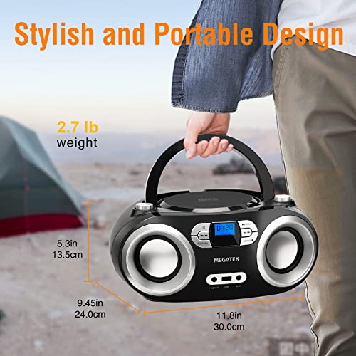 MEGATEK Portable CD Player Bluetooth Boombox with FM Radio, USB, Aux and Headphone Jack, CD-R/RW and MP3 CDs Compatible, Stereo System for Home with Dual Speakers, AC/Battery Operated - Black