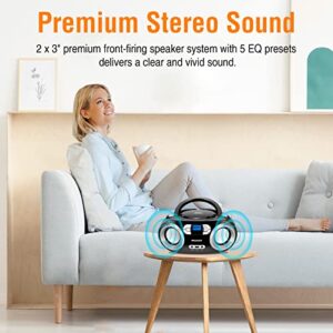 MEGATEK Portable CD Player Bluetooth Boombox with FM Radio, USB, Aux and Headphone Jack, CD-R/RW and MP3 CDs Compatible, Stereo System for Home with Dual Speakers, AC/Battery Operated - Black