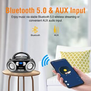 MEGATEK Portable CD Player Bluetooth Boombox with FM Radio, USB, Aux and Headphone Jack, CD-R/RW and MP3 CDs Compatible, Stereo System for Home with Dual Speakers, AC/Battery Operated - Black