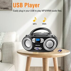 MEGATEK Portable CD Player Bluetooth Boombox with FM Radio, USB, Aux and Headphone Jack, CD-R/RW and MP3 CDs Compatible, Stereo System for Home with Dual Speakers, AC/Battery Operated - Black