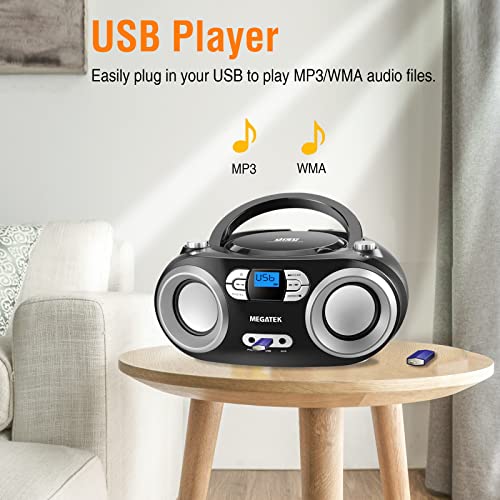 MEGATEK Portable CD Player Bluetooth Boombox with FM Radio, USB, Aux and Headphone Jack, CD-R/RW and MP3 CDs Compatible, Stereo System for Home with Dual Speakers, AC/Battery Operated - Black