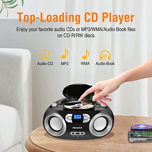 MEGATEK Portable CD Player Bluetooth Boombox with FM Radio, USB, Aux and Headphone Jack, CD-R/RW and MP3 CDs Compatible, Stereo System for Home with Dual Speakers, AC/Battery Operated - Black