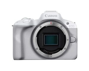 canon eos r50 mirrorless vlogging camera (body only/white), rf mount, 24.2 mp, 4k video, digic x image processor, subject detection & tracking, compact, smartphone connection, content creator