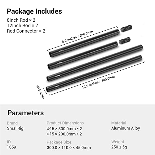 SmallRig 15mm Rods Pack, 15mm Tube with M12 Thread Rod Cap Connectors, Aluminum Alloy Rods Combination for Camera Rig Matte Box Follow Focus 15mm Rod System - 1659