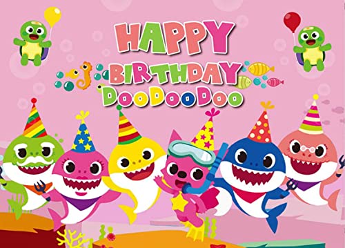 GRATULON Babe Shark Party Supplies for Birthday Decorations, Gratulon Vinyl Light-Weight Babe Shark Backdrop for Baby Shower and Kids’ Bedroom Wall Sticker Décor Pink 5x3 ft