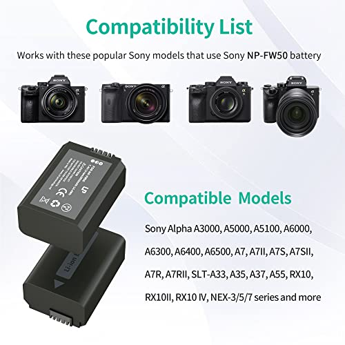 LP-NP-FW50 Battery Pack and Portable Charger,LP 2-Pack Replacement Battery Compatible with Sony Alpha A6000, A6400, A6100, A6300, A6500, A5100, A7, A7 II, A7R, A7R II, A7S, A7S II and Other Cameras