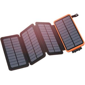 hiluckey solar charger 25000mah, outdoor usb c portable power bank with 4 solar panels, 3a fast charge external battery pack with 3 usb outputs compatible with smartphones, tablets, etc.