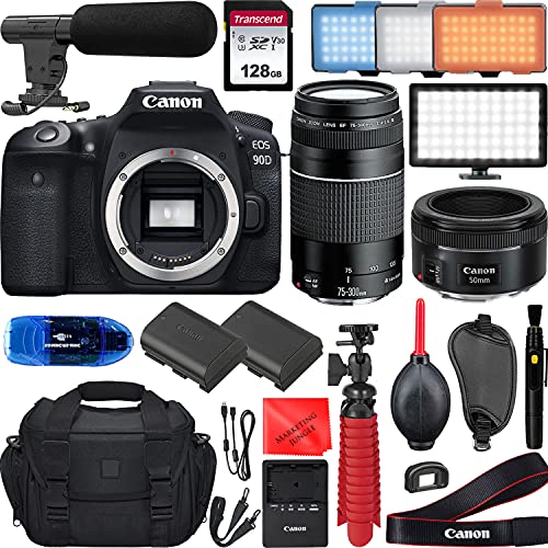 Canon Intl. EOS 90D DSLRCamera with EF 50mm f/1.8 STM,EF 75-300mm f/4-5.6 III Len,Portable LED Light,128GB Memory Card,Microphone, Extra LP-E6 Battery, Gadget Bag, Cleaning Kit + More 3616C002, Black