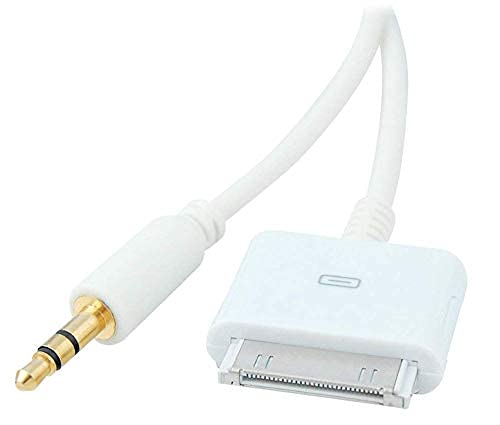 ClipGrip Stereo AUX 3.5mm Input to 30-Pin Male Dock Connector Cable Adapter (White)