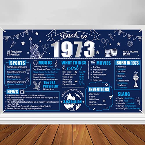 Large Blue Silver 50th Birthday Banner Backdrop Decoration for Men, Navy Blue 50th Birthday Back in 1973 Birthday Banner Party Supplies, Happy 50 Years Old Birthday Photo Background for Indoor Outdoor