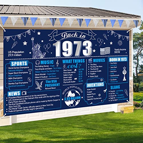 Large Blue Silver 50th Birthday Banner Backdrop Decoration for Men, Navy Blue 50th Birthday Back in 1973 Birthday Banner Party Supplies, Happy 50 Years Old Birthday Photo Background for Indoor Outdoor