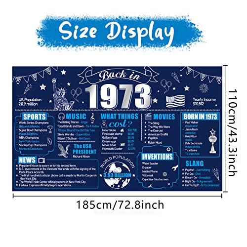 Large Blue Silver 50th Birthday Banner Backdrop Decoration for Men, Navy Blue 50th Birthday Back in 1973 Birthday Banner Party Supplies, Happy 50 Years Old Birthday Photo Background for Indoor Outdoor