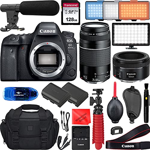 6D Mark II DSLR Camera with EF 50mm f/1.8 STM, EF 75-300mm f/4-5.6 III Lens, Portable LED Light, 128GB Memory Card, Microphone, Extra LP-E6 Battery, Gadget Bag, Cleaning Kit + More 1897C002