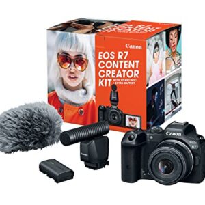 Canon EOS R7 Content Creator Kit, Mirrorless Vlogging Camera, 32.5 MP, 4K 60p Video, DIGIC X Image Processor, RF-S18-45mm F4.5-6.3 is STM Lens, Stereo Microphone DM-E1D, LP-E6NH Battery