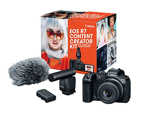 Canon EOS R7 Content Creator Kit, Mirrorless Vlogging Camera, 32.5 MP, 4K 60p Video, DIGIC X Image Processor, RF-S18-45mm F4.5-6.3 is STM Lens, Stereo Microphone DM-E1D, LP-E6NH Battery