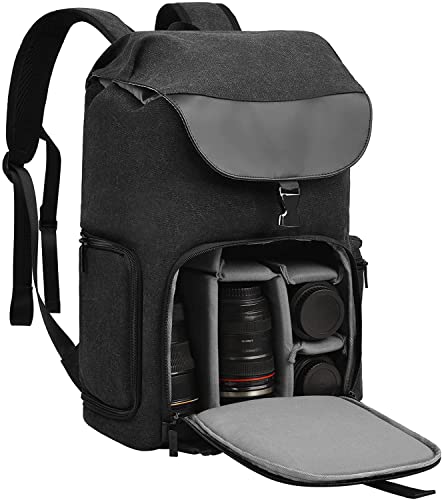 CADeN Camera Backpack Canvas Camera Bag for DSLR/SLR Mirrorless Camera with 15.6 inches Laptop Compartment, Camera Case Compatible for Sony Canon Nikon Cameras and Lens Tripod Waterproof Black