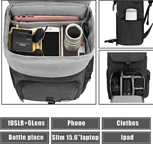 CADeN Camera Backpack Canvas Camera Bag for DSLR/SLR Mirrorless Camera with 15.6 inches Laptop Compartment, Camera Case Compatible for Sony Canon Nikon Cameras and Lens Tripod Waterproof Black